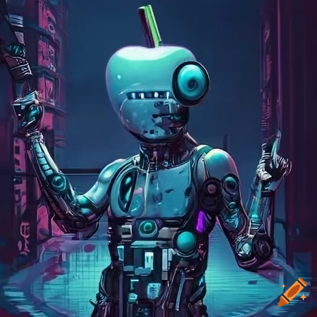 Retro sci-fi apple cyborg in a cyberpunk setting on Craiyon