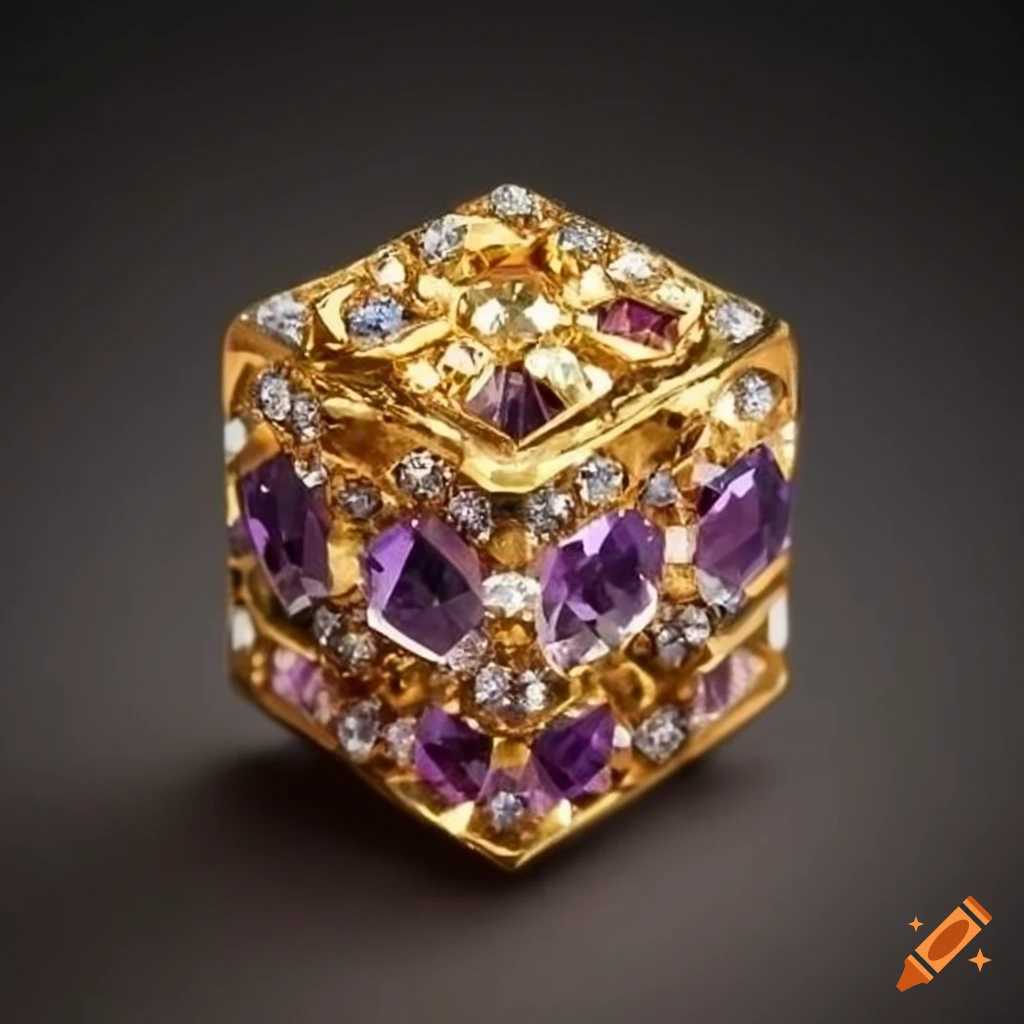 Intricately designed golden cube adorned with sparkling amethyst gems ...
