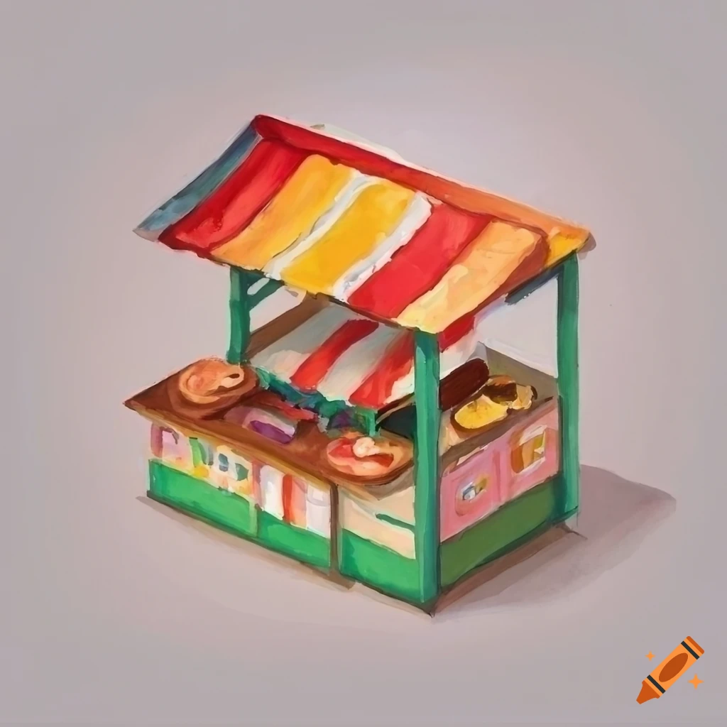 Colorful isometric watercolor illustration of a food stall on Craiyon