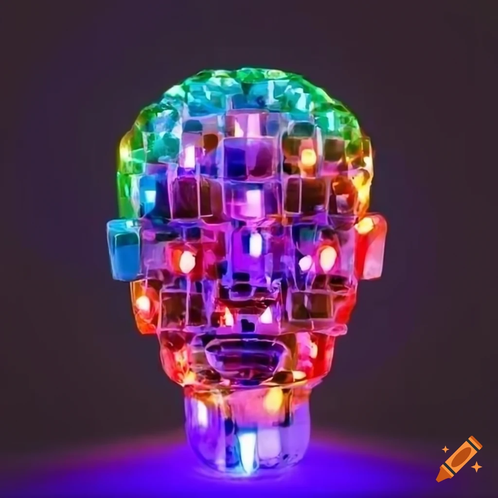 Human head made of multicolored glass cubes with LED light inside on ...