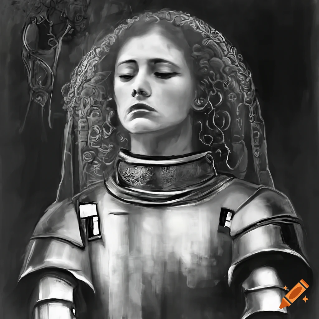Gustav Klimt's depiction of Saint Joan of Arc crying in armor, black ...