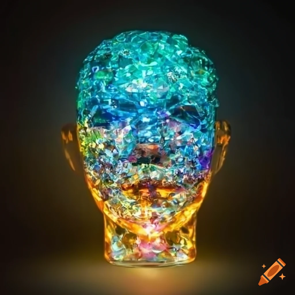 Human head made of multicolored glass cubes with led light inside on ...