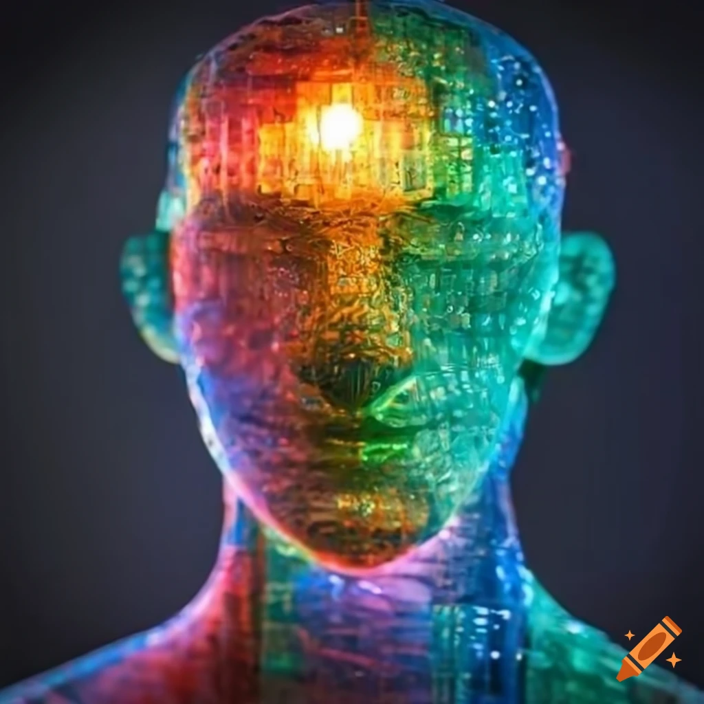 Human head made of multicolored glass cubes with LED light inside on ...