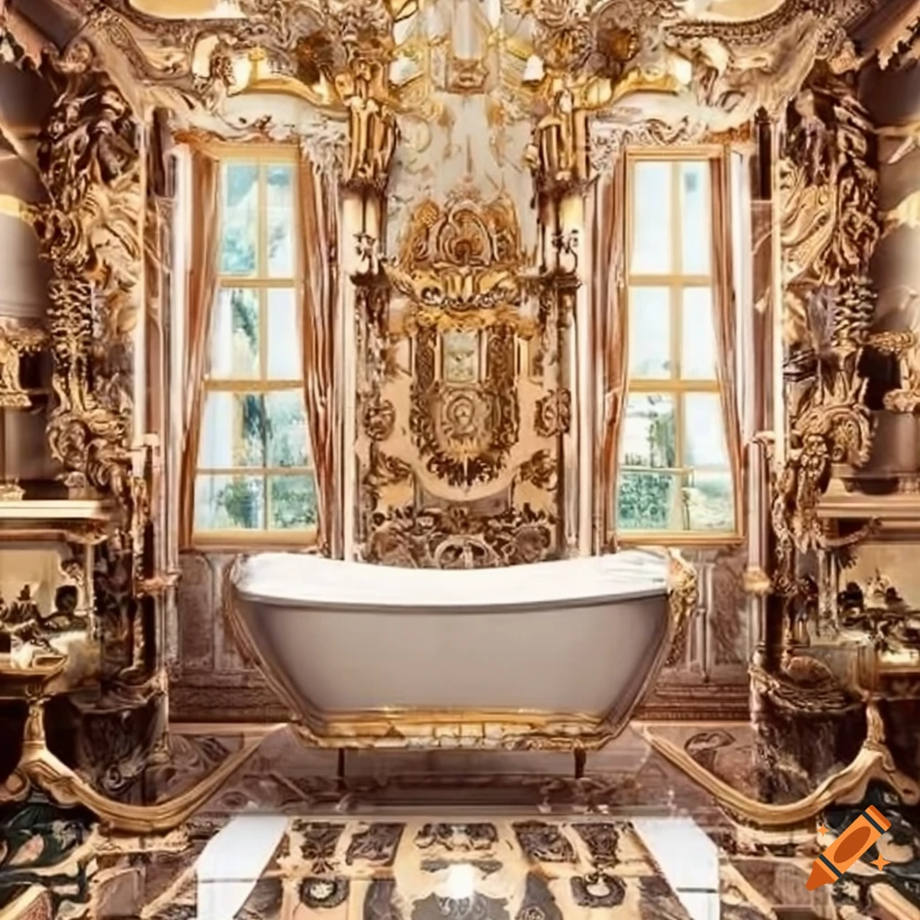 Luxurious palace bathroom with elegant tub and marble tiles on Craiyon