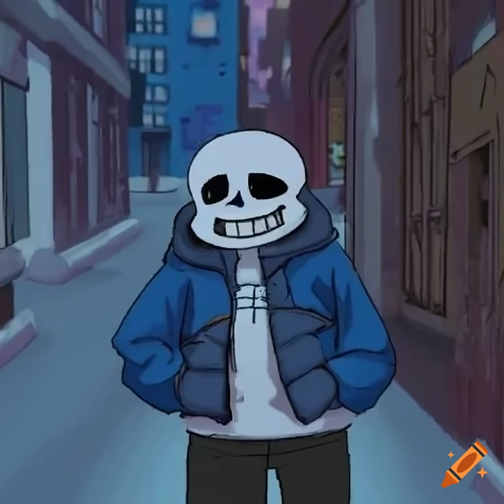 Sans from Undertale strolling in a lively city street on Craiyon