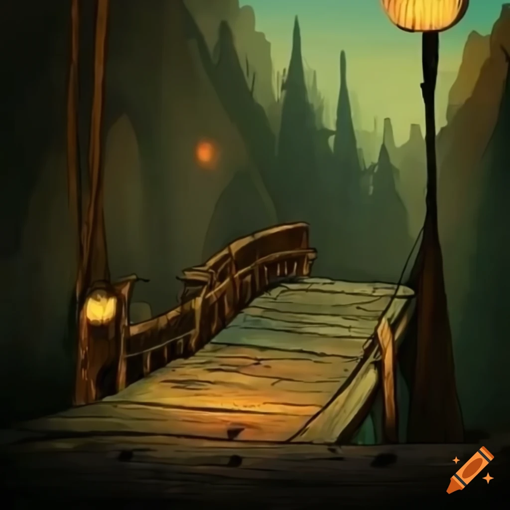 Old wooden bridge over water in an animated style on Craiyon