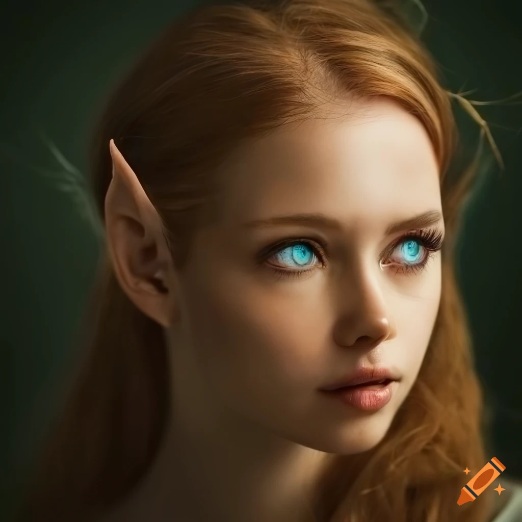 Portrait of a young female Wood elf with leaf green eyes on Craiyon