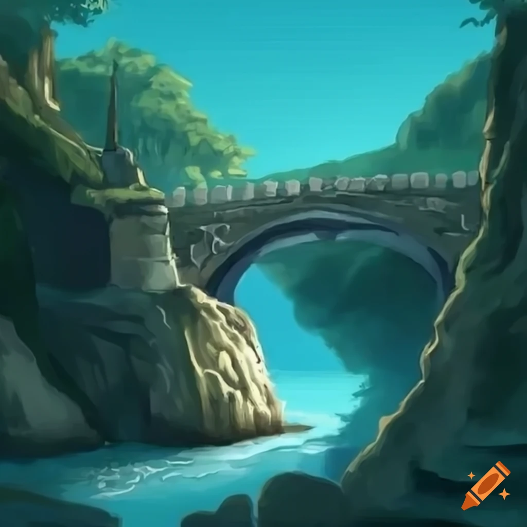 Old bridge in a ravine in an animated style on Craiyon
