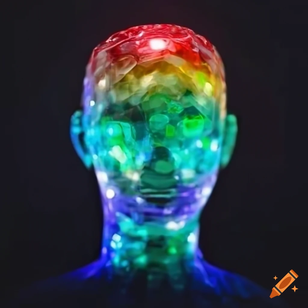 Human head made of multicolored glass cubes with led light inside on ...