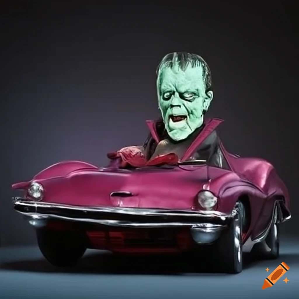 Iconic Herman Munster sitting in a convertible corvette with a big grin ...