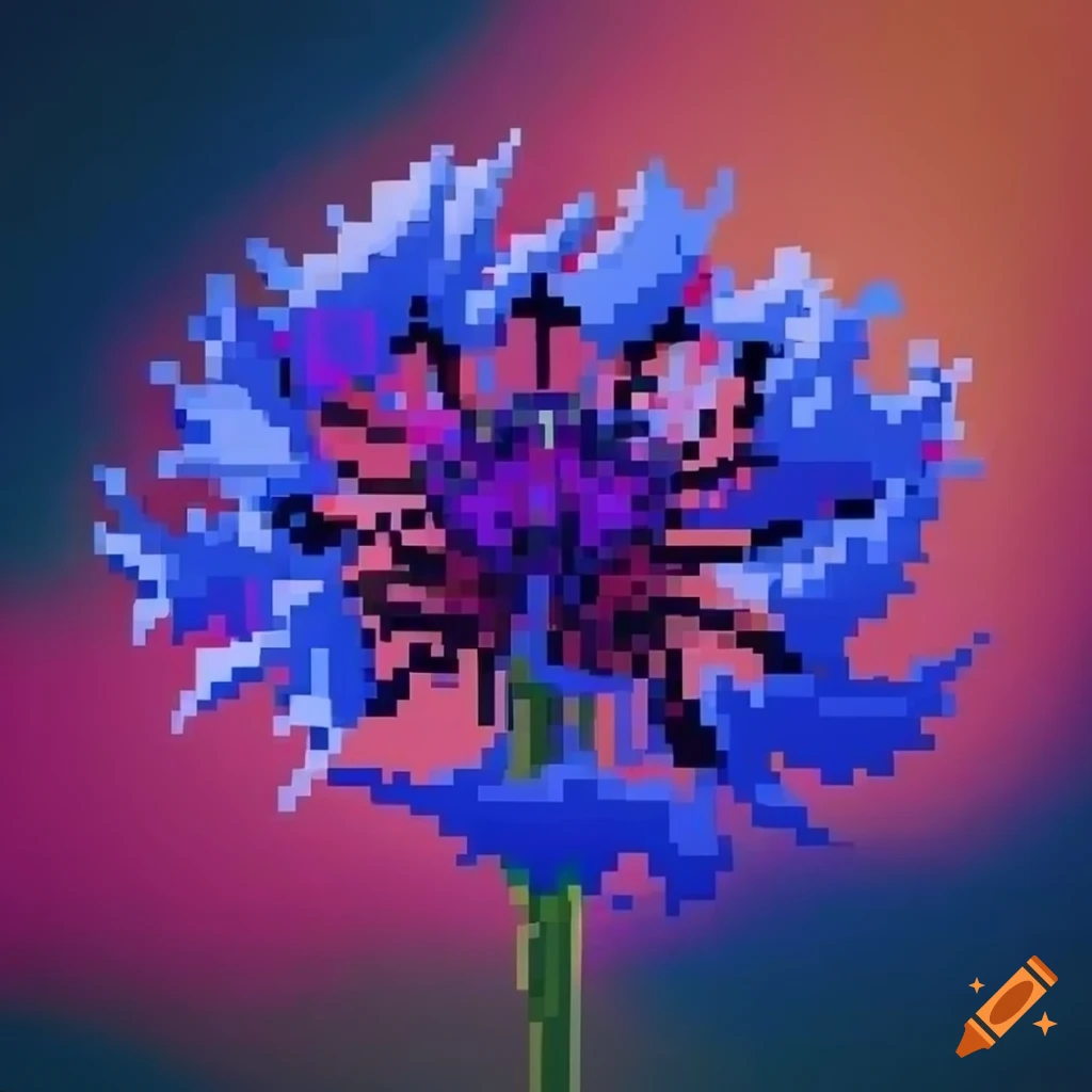 Intricate pixel art of a vibrant cornflower in full bloom on Craiyon