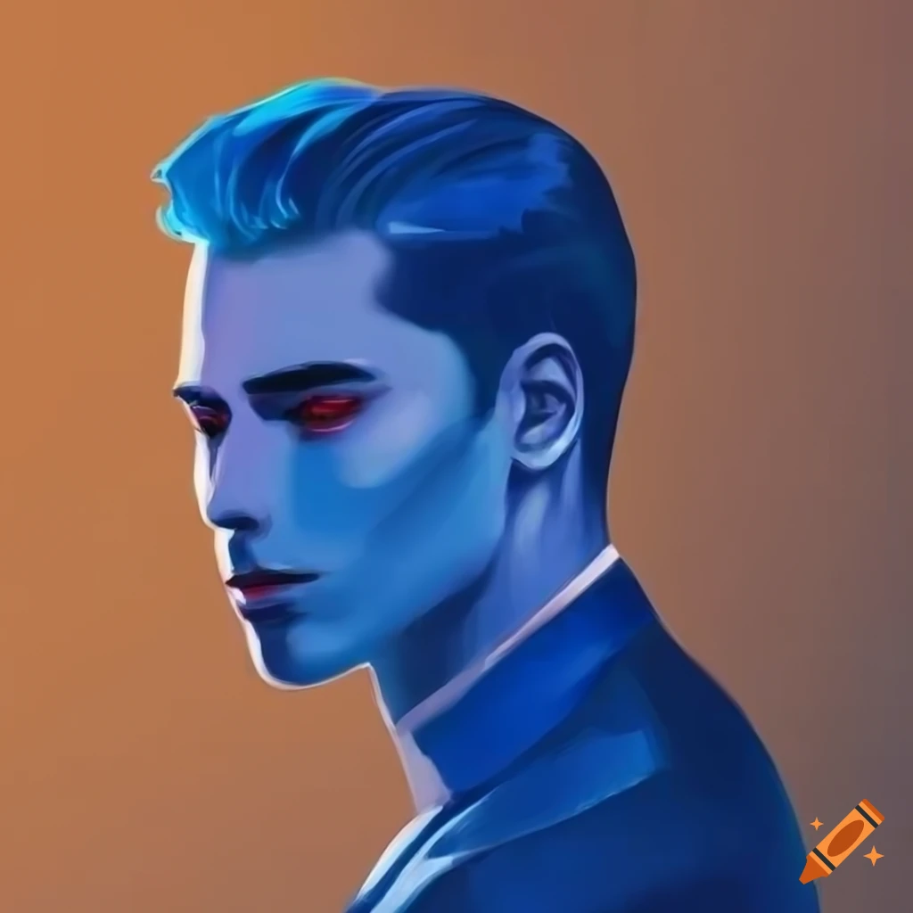 Handsome young European male ghost with blue skin and red eyes on Craiyon