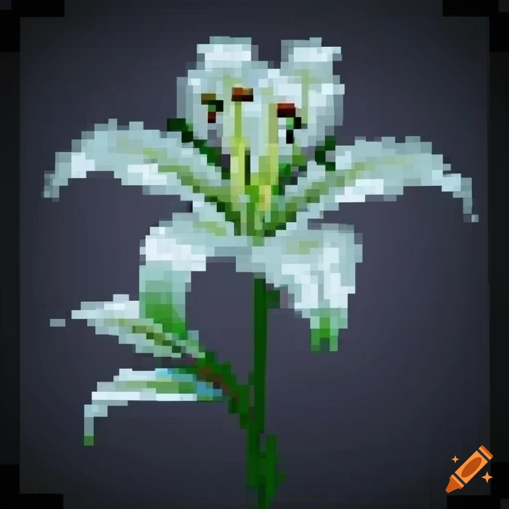 Intricate pixel art of white Easter lilies in bloom on black background ...