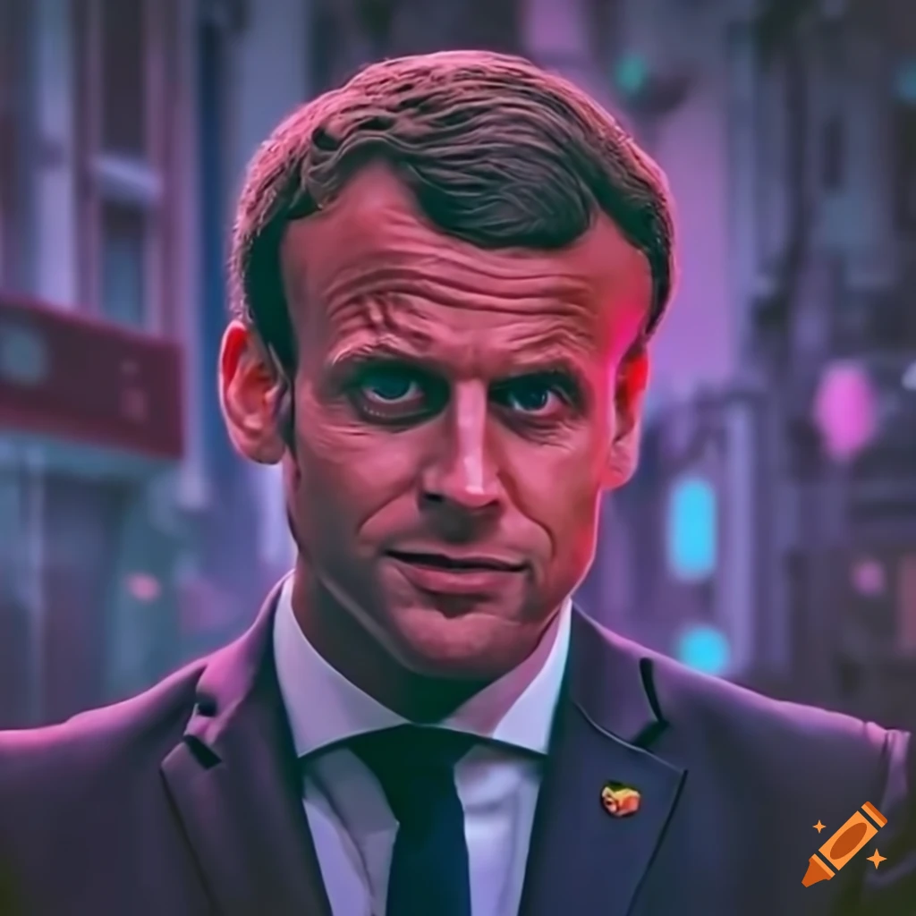 Cyberpunk Hero In Neon Lit Workshop With Emmanuel Macron Persona On Craiyon
