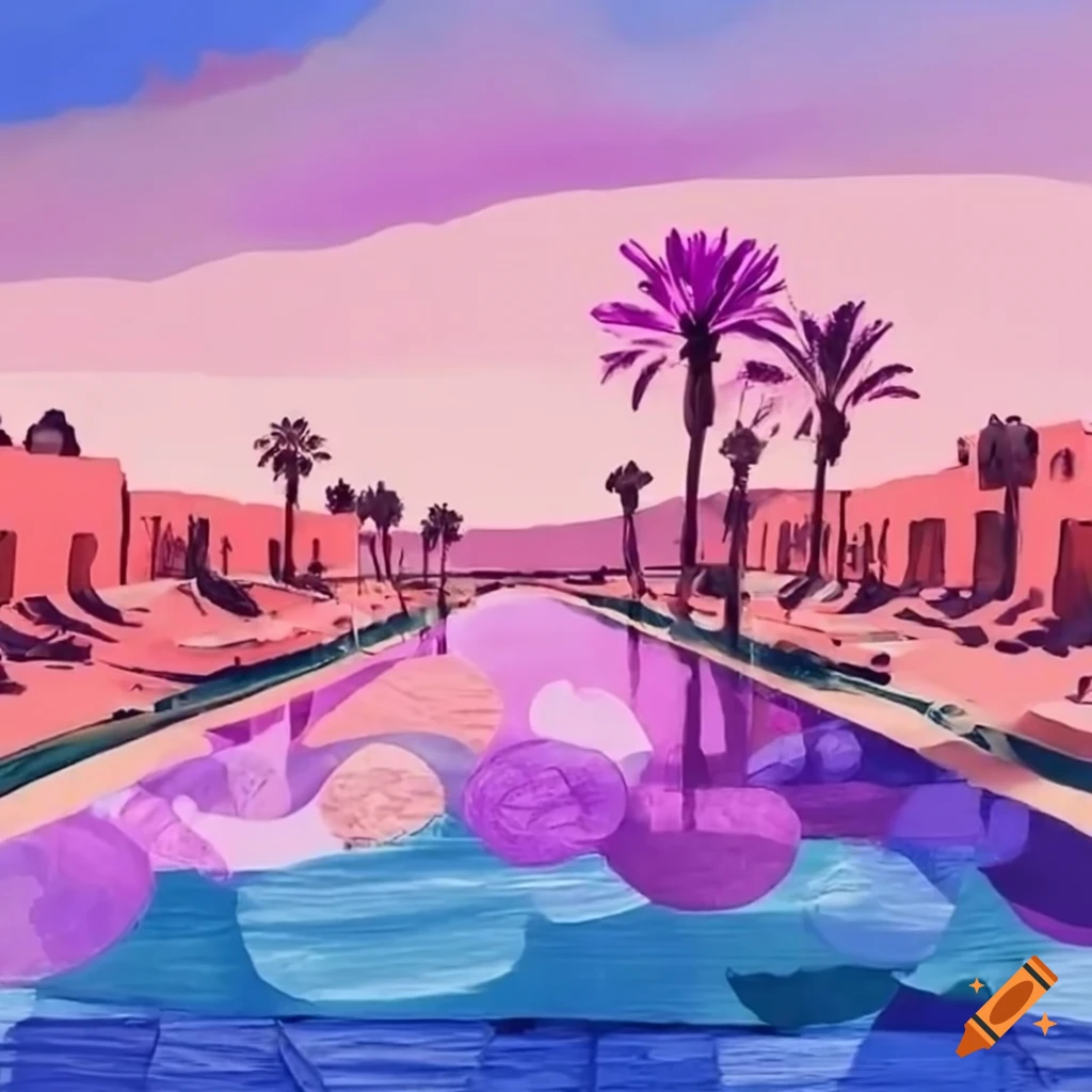 Save the date anniversary in Marrakech with Coachella festival theme featuring pool, olive trees ...