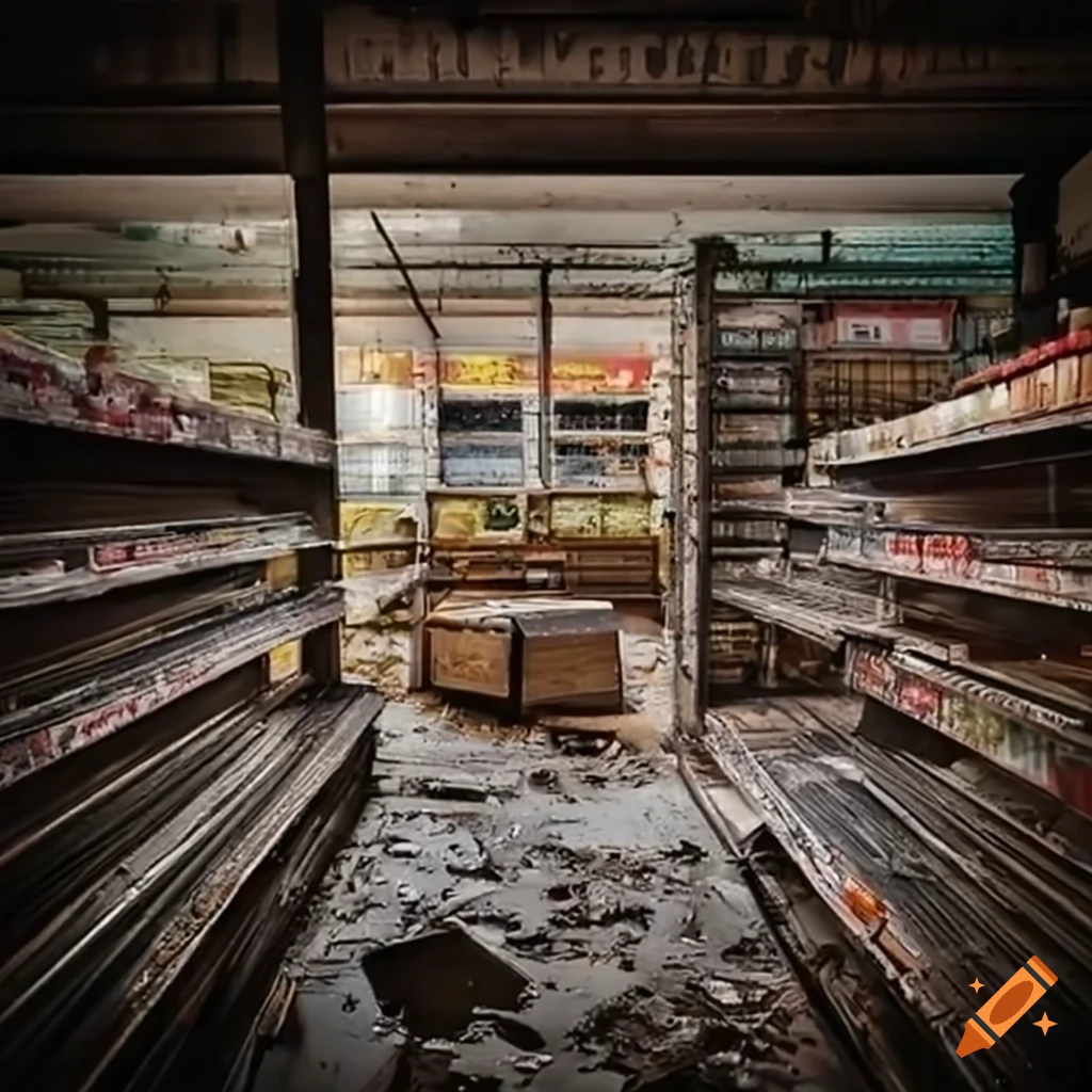 Abandoned supermarket with empty racks and leftovers on Craiyon