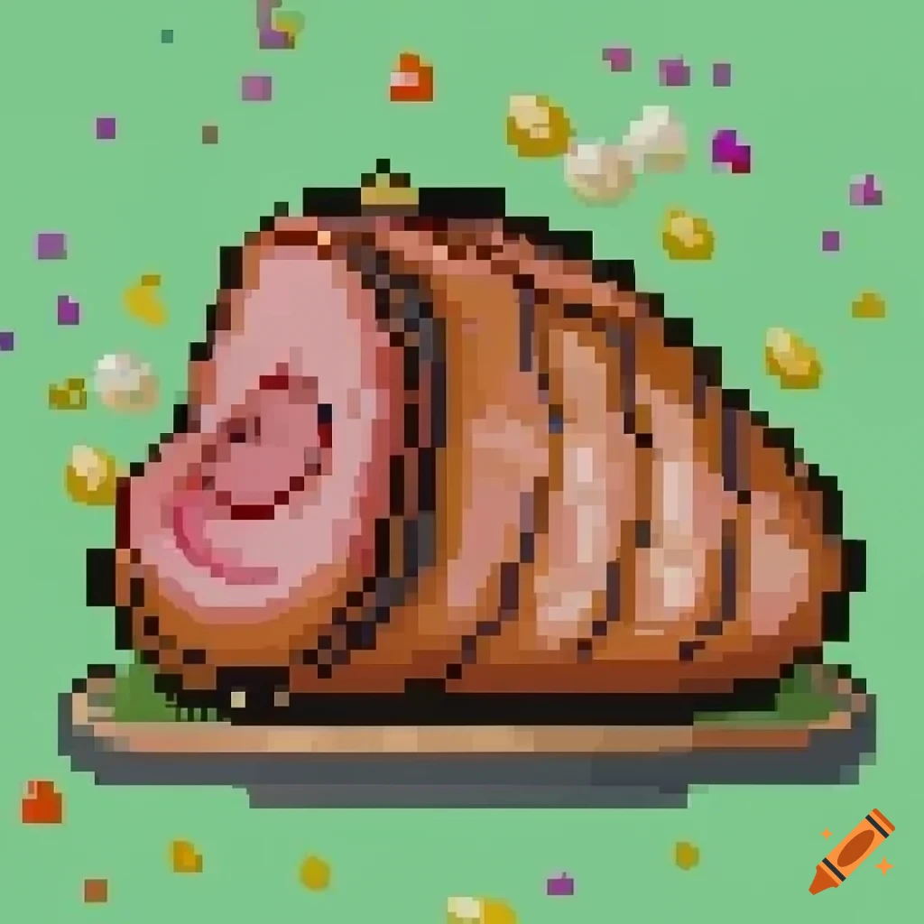 Roasted easter ham in pixel art from a side view on Craiyon