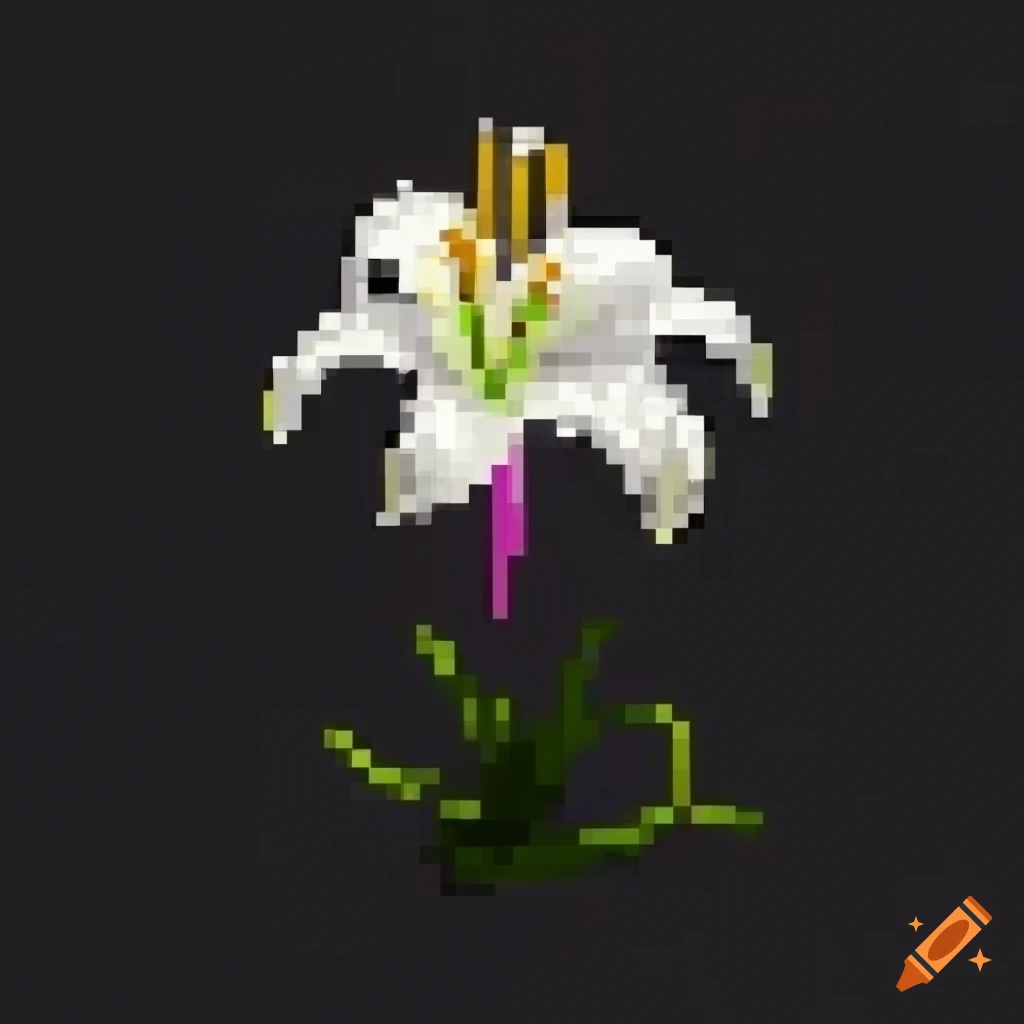 Pixel art of a white easter lily on a black background on Craiyon