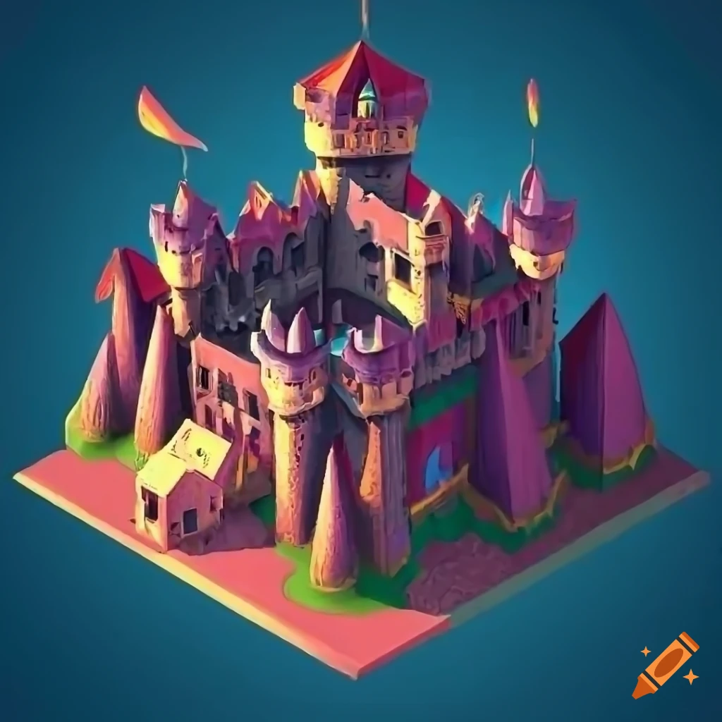 Medieval castle surrounded by molten shapes with vibrant colors and ...