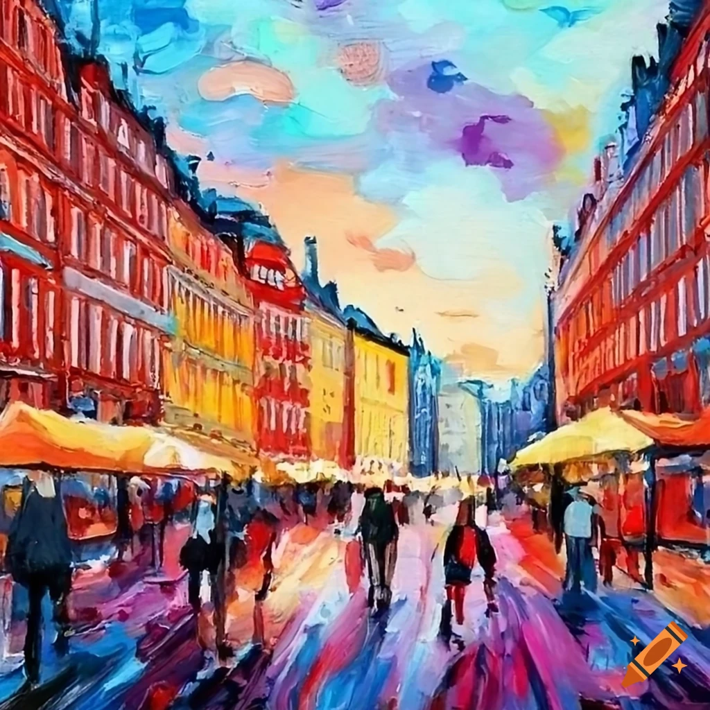 Acrylic painting of a busy city square in Sweden on Craiyon