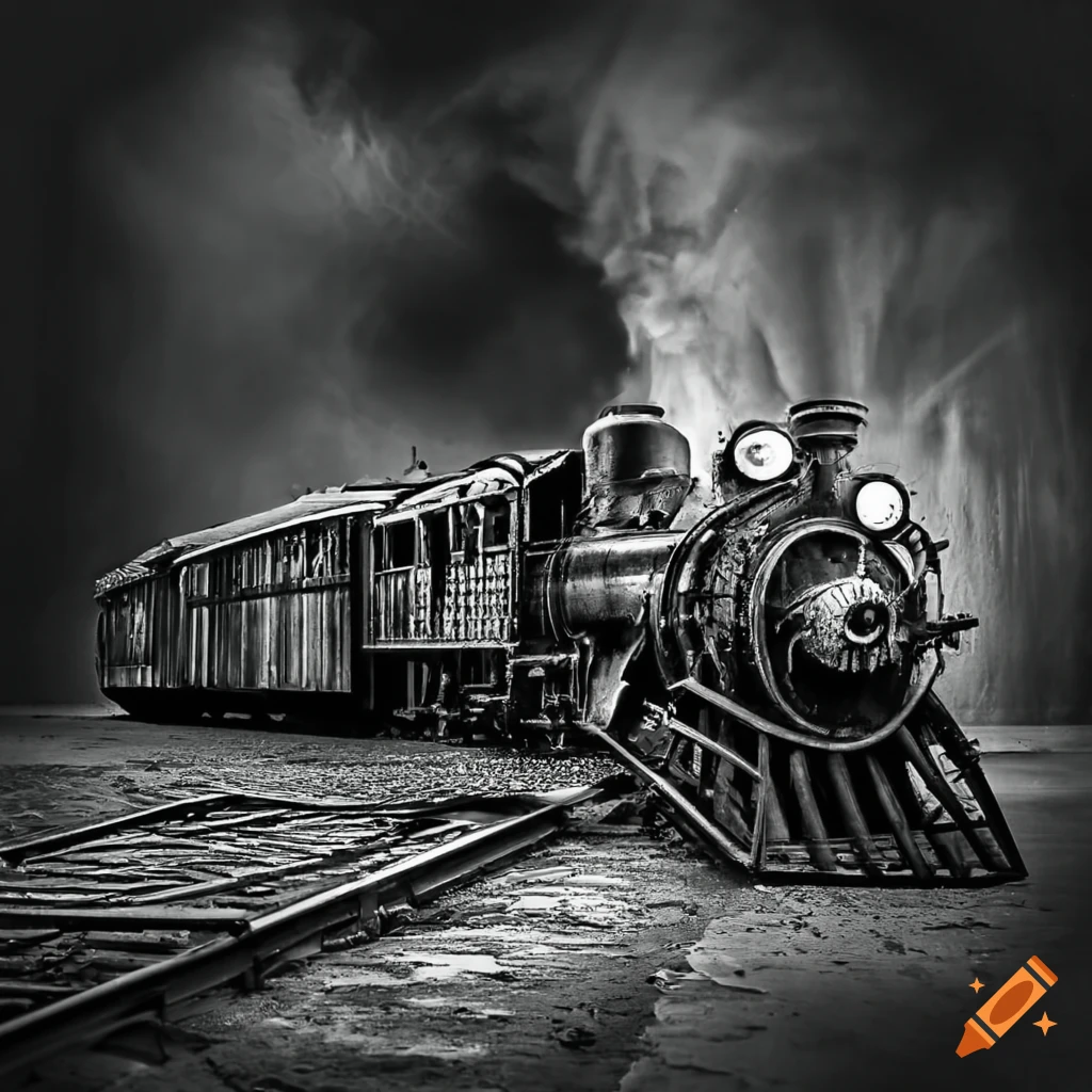 High contrast black and white photo of a steampunk ghost train with an ...