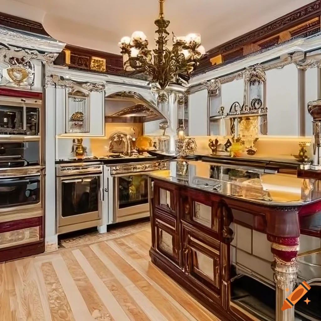 Luxurious and vividly decorated royal kitchen with select food and ...