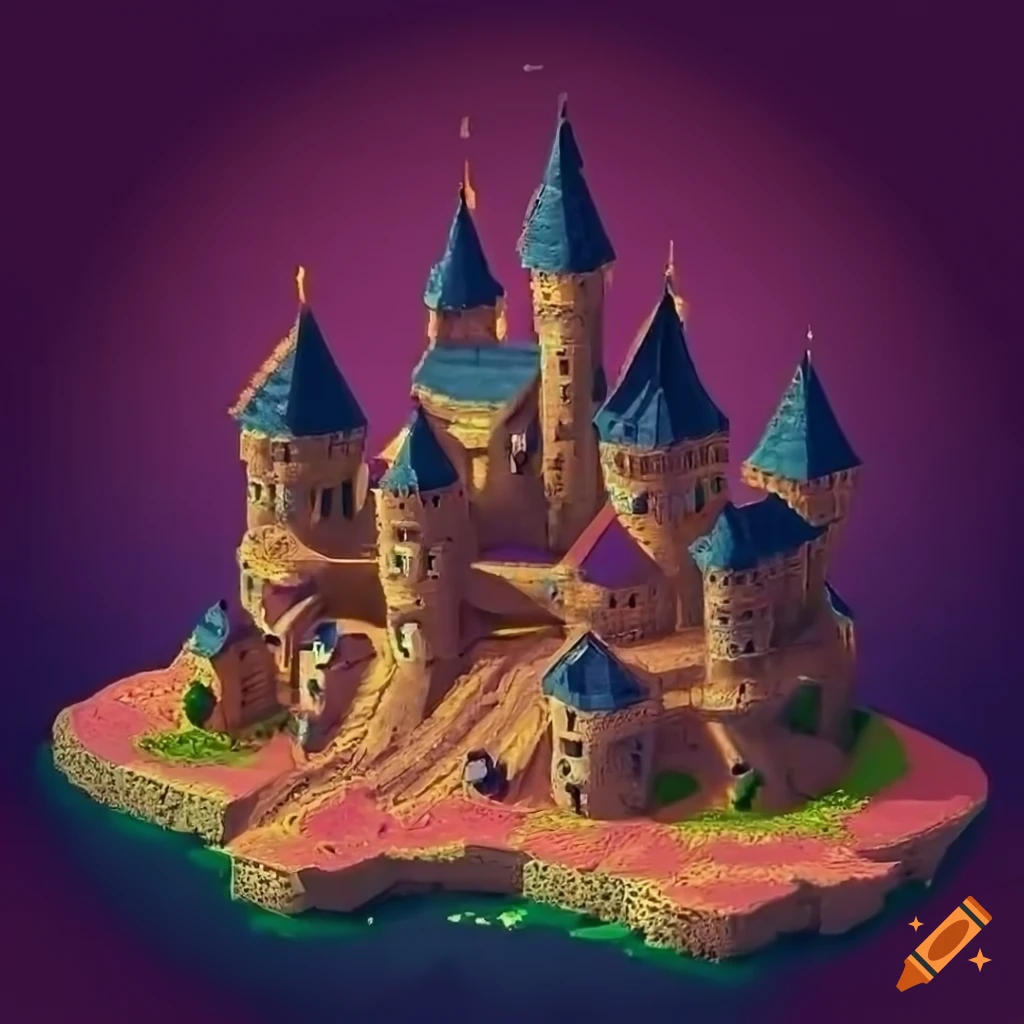 Medieval castle surrounded by molten shapes with vibrant colors and ...