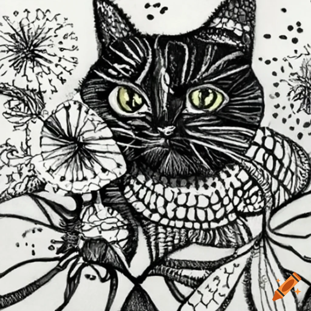 Pointillism ink art of a black cat in retro style on Craiyon