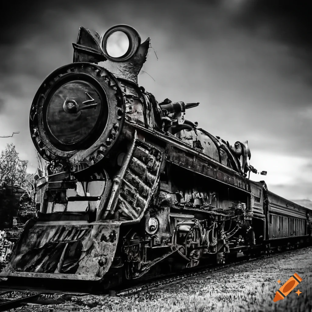 High contrast black and white photo of a steampunk ghost train on Craiyon