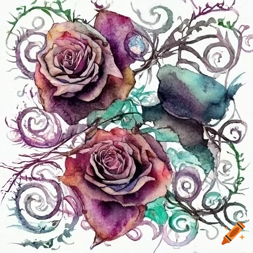 Thorny vines with black roses in a retro design on Craiyon