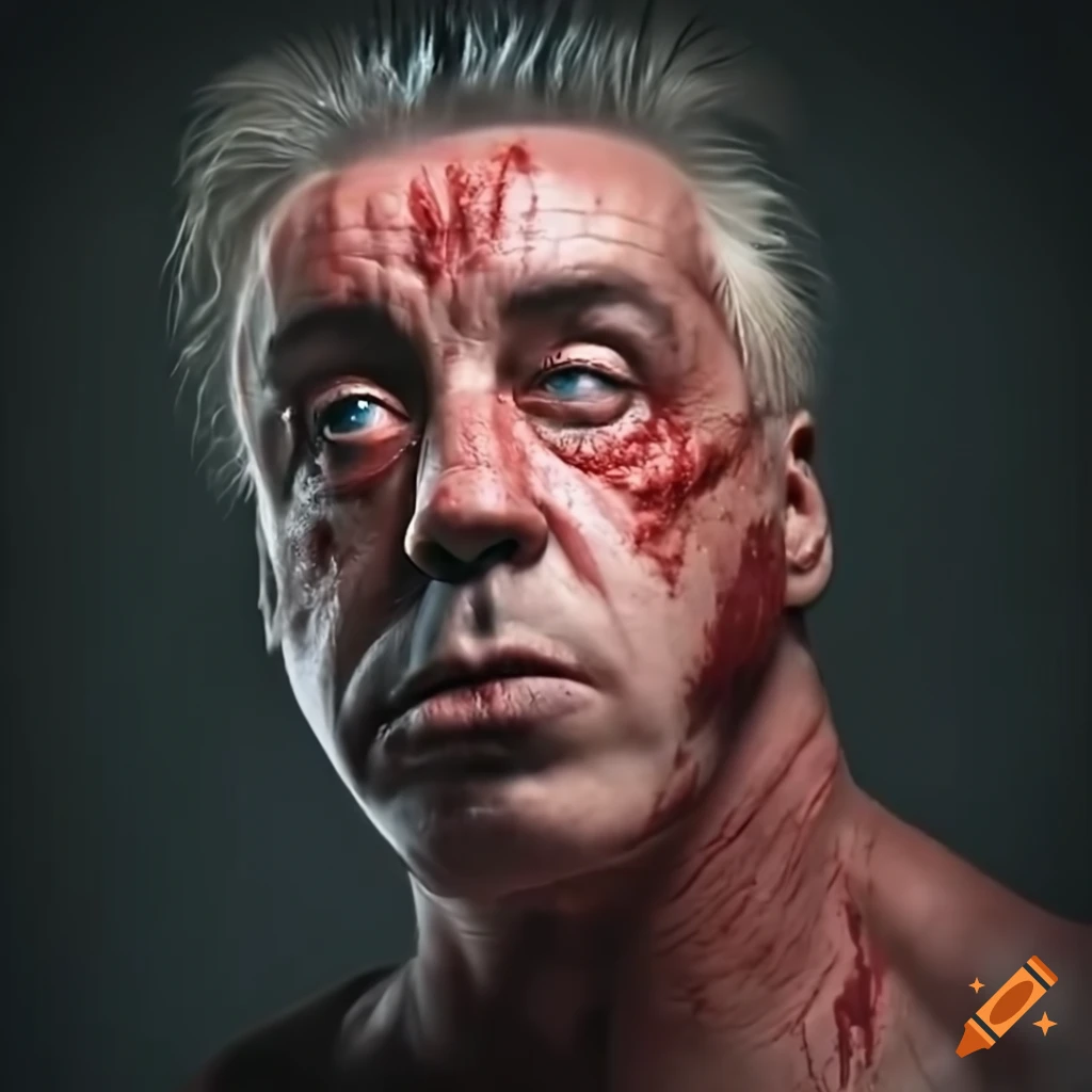 Young Till Lindemann with a bloody face in hyper realistic style on Craiyon