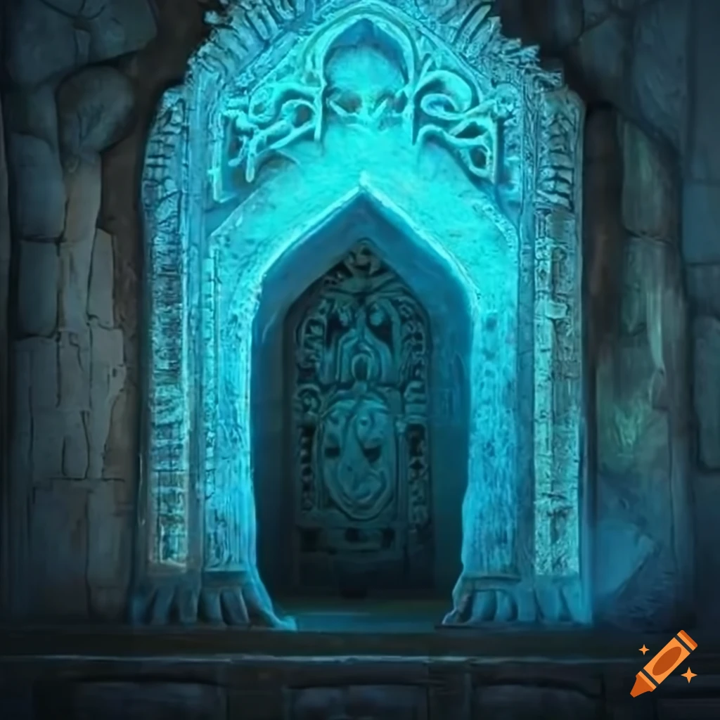 Monumental entrance, doors of durin with intricate runes flanked by ...