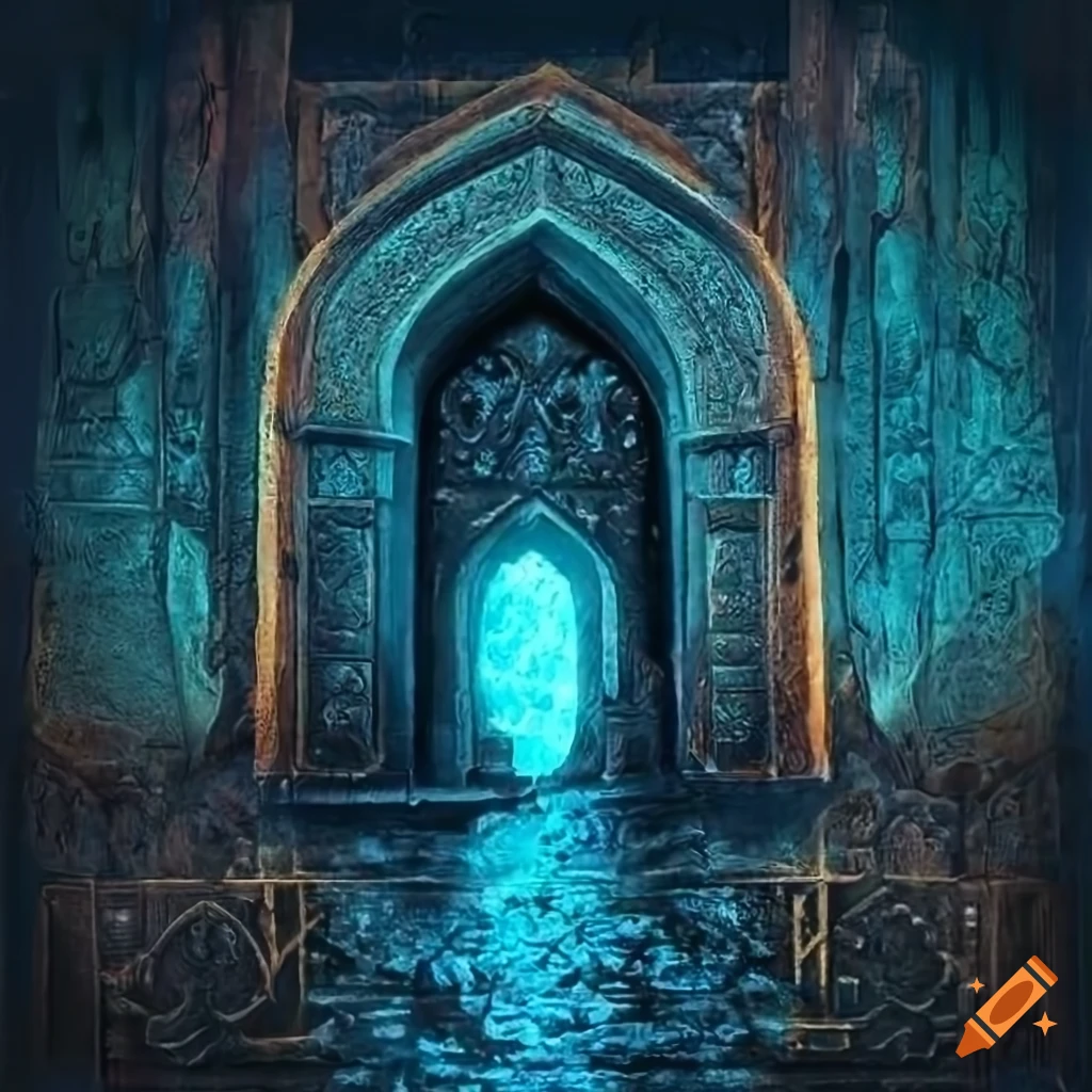 Monumental entrance, doors of durin with intricate runes, weathered by ...