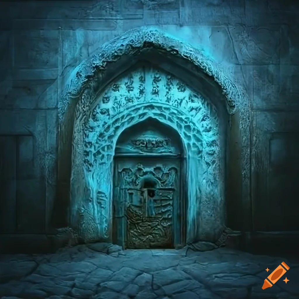 Monumental entrance, doors of durin with intricate runes flanked by ...