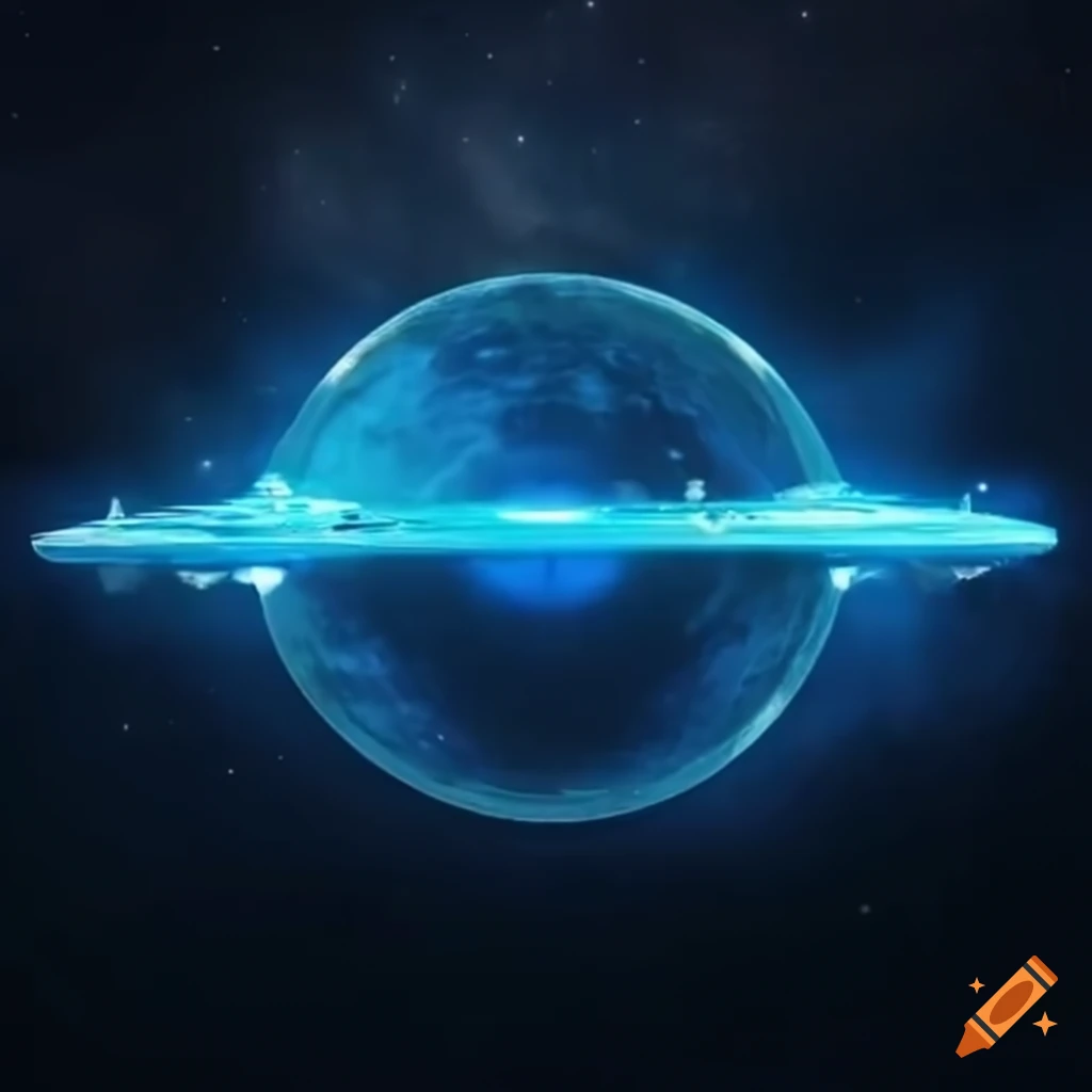 Blue spaceship with glowing trail and engines in space on Craiyon