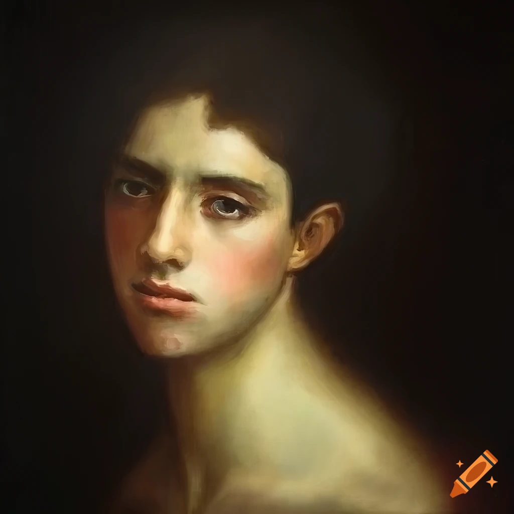 Portrait painting of a confident 18-year-old man with an exceptionally ...