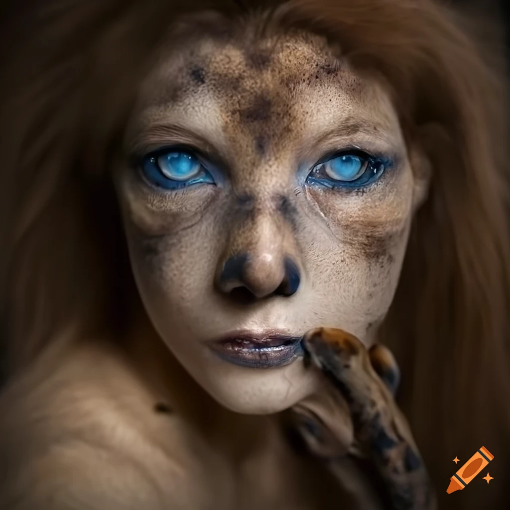 Creature with feminine humanoid features and brown fur, blue eyes ...