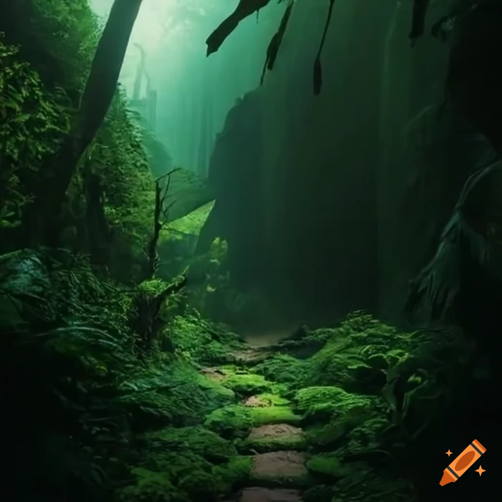 Winding jungle path leading into darkness in an adventurous setting on ...