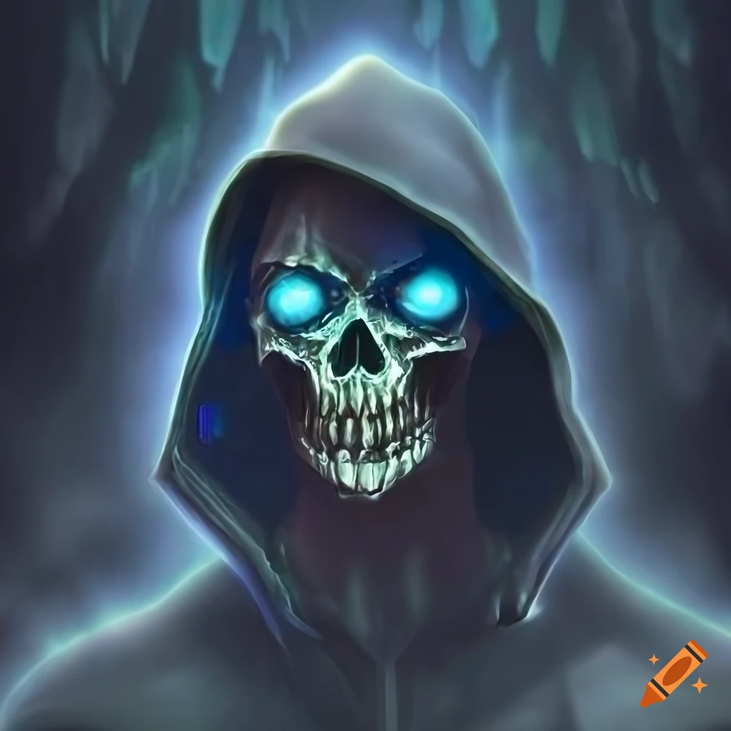 Hooded skull character with glowing blue eyes in a fantasy fighting ...