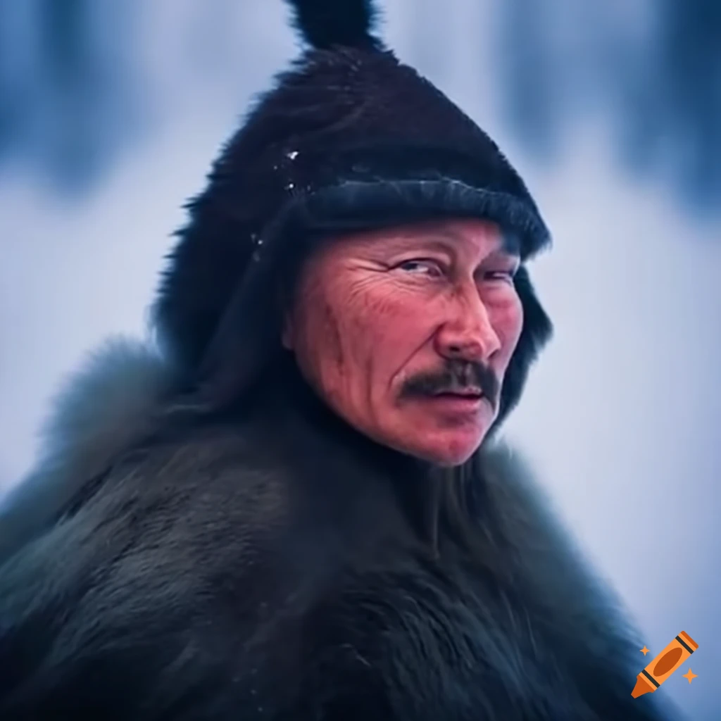 Close portrait of Vladimir Putin in traditional Mongol clothing riding ...