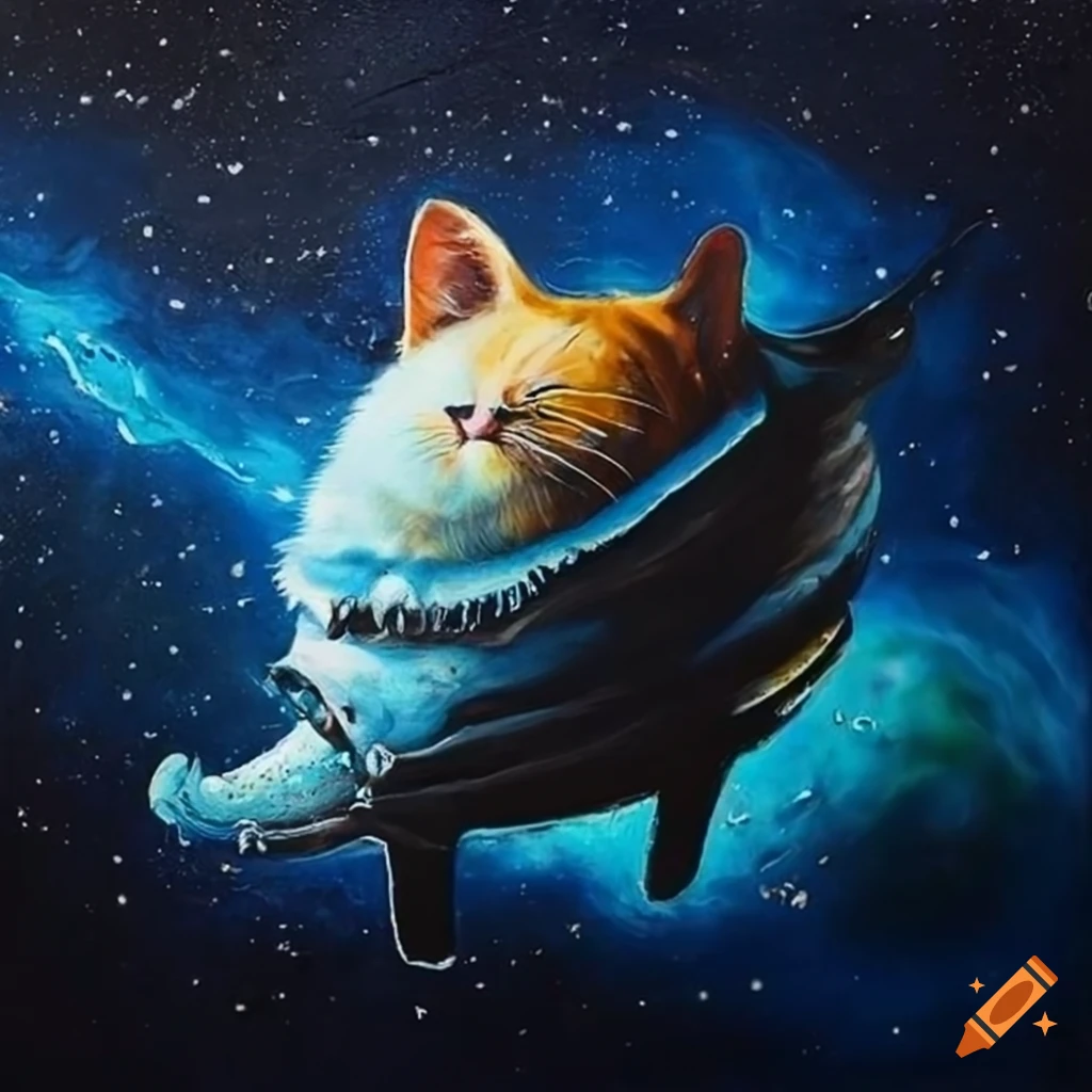 Giant cat-shaped spacecraft journeying through the cosmos in acrylic ...