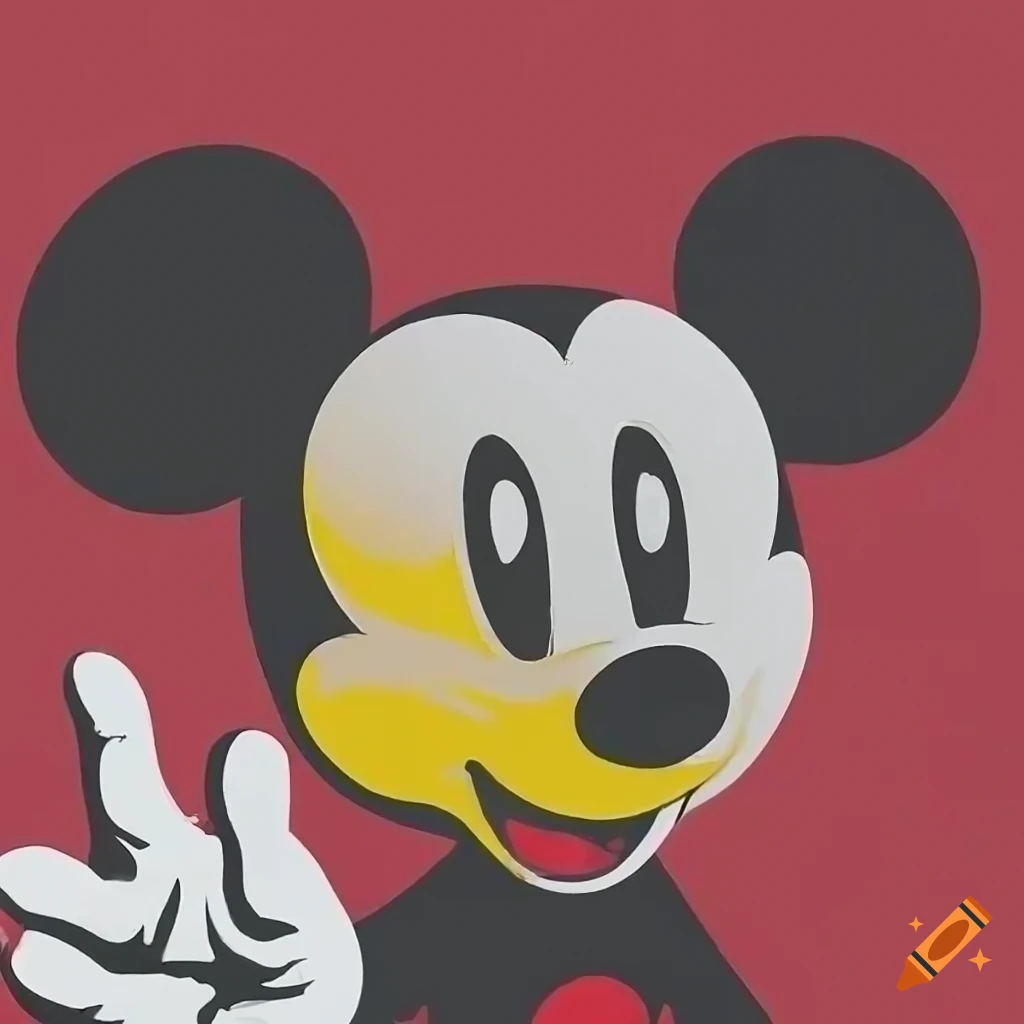 Pop art portrait of Mickey Mouse in red, white, yellow, and black in a ...