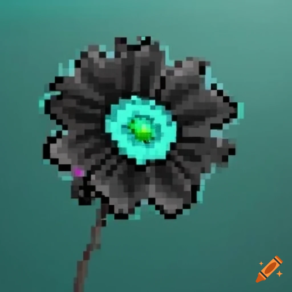 Pixel art of a black flower with purples, turquoise, and greens on Craiyon
