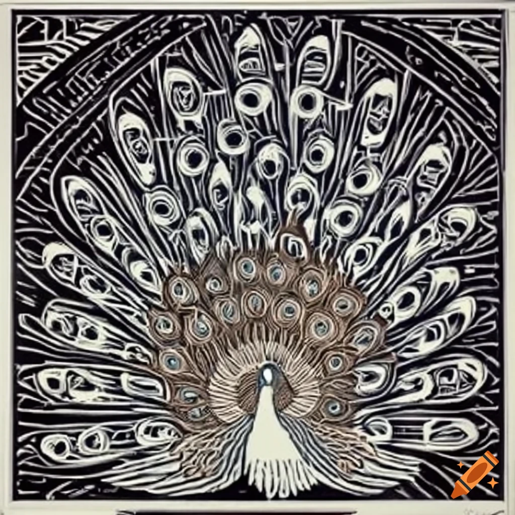 Vintage poster art of a peacock lino cut design on Craiyon