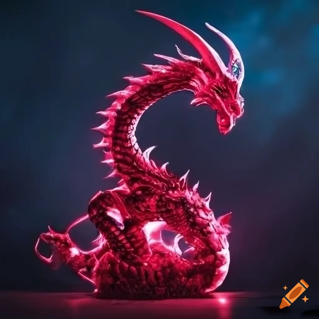 Ruby dragon sculpture with neon lights on a dark background on Craiyon