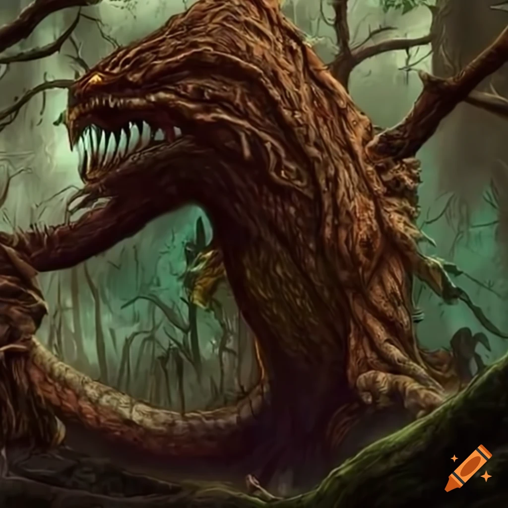 Giant tree monster defeating a dragon in a fantasy battle on Craiyon