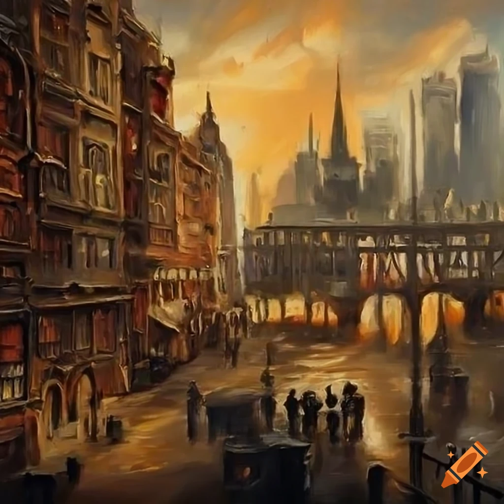 Oil painting of a bustling steampunk cityscape on Craiyon