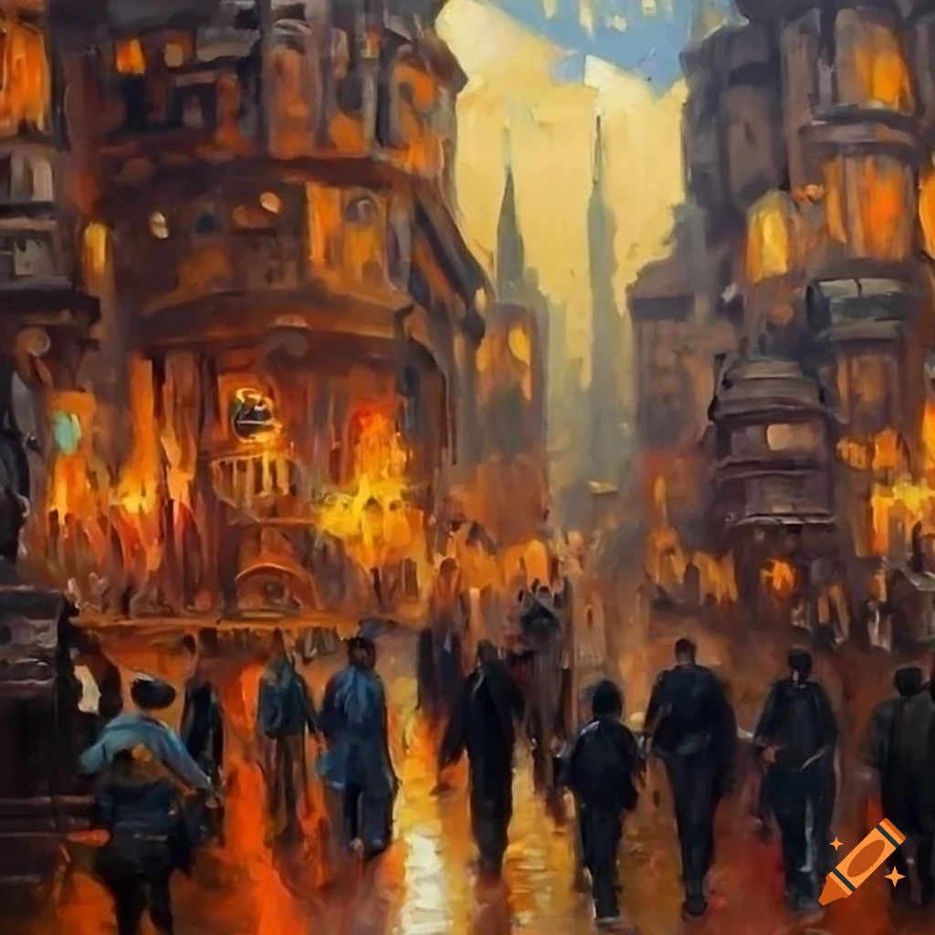 Steampunk cityscape with bustling crowds in an oil painting on Craiyon
