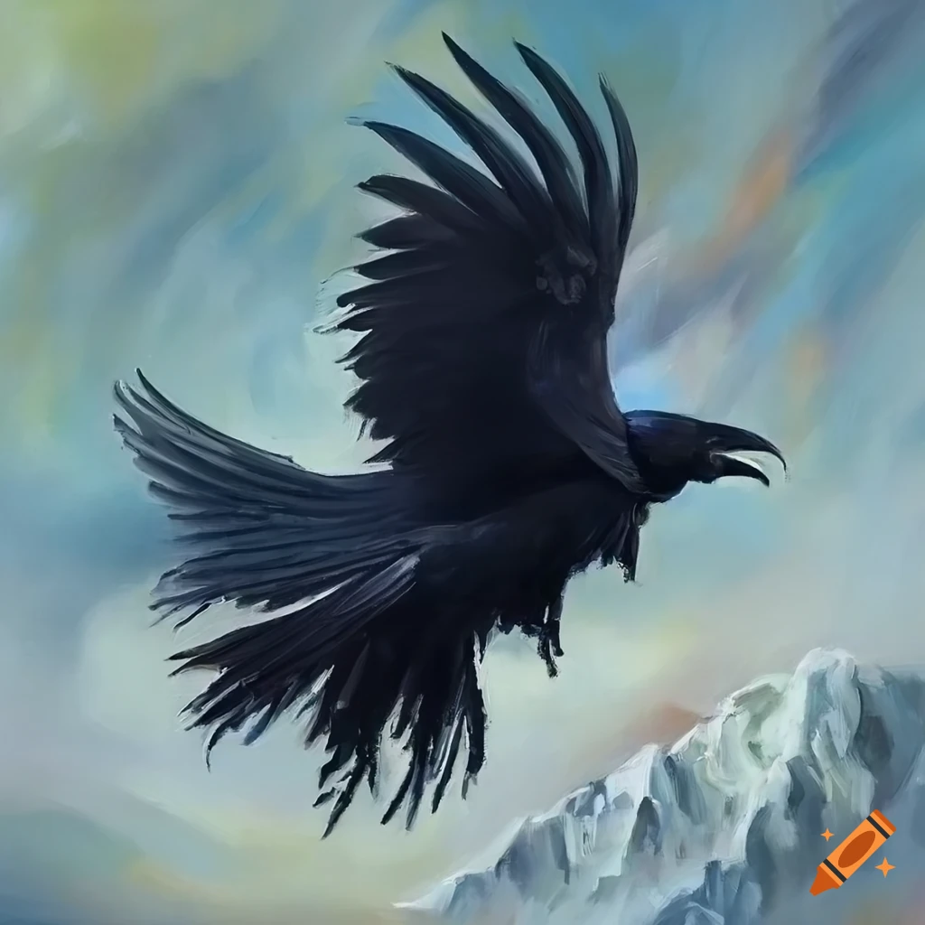 Oil painting of a cunning raven in flight on Craiyon
