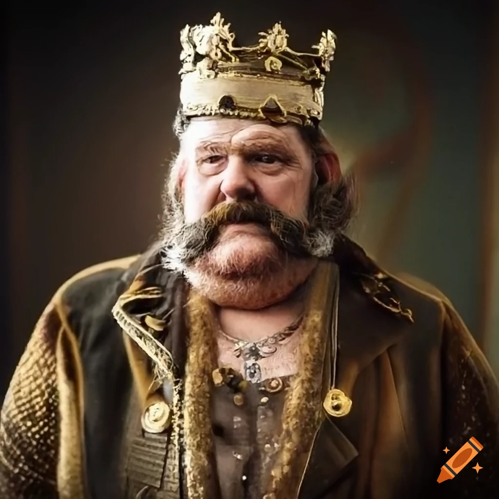 Old overweight English king with white beard in royal attire from the ...
